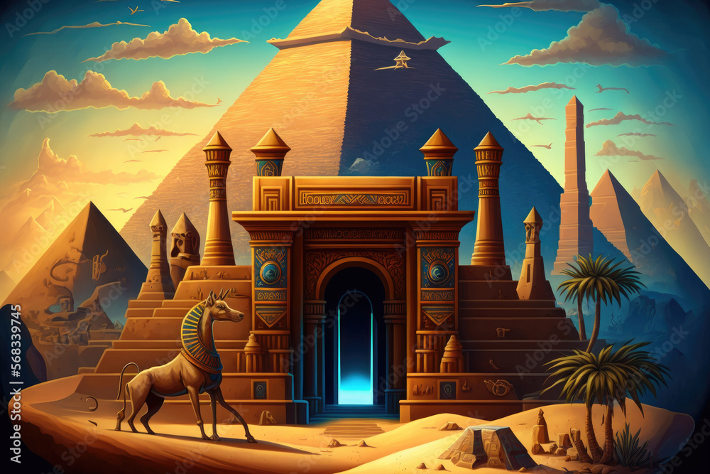 Ancient Egyptian pyramid complex is depicted in a vivid fantasy art ...