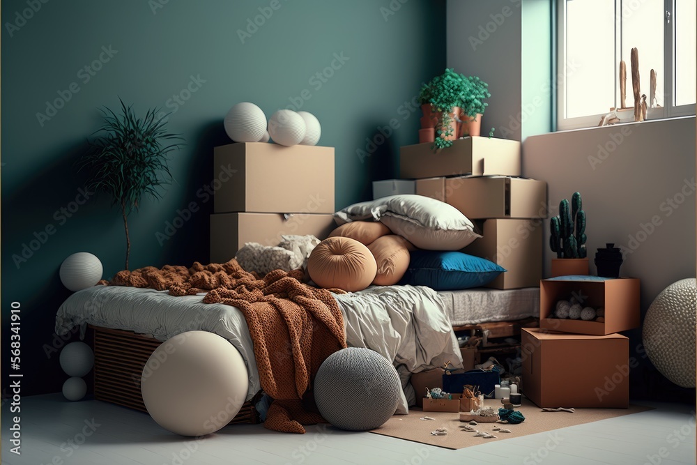 Cardboard boxes with bed, poufs, and rolled carpets in the bedroom on ...