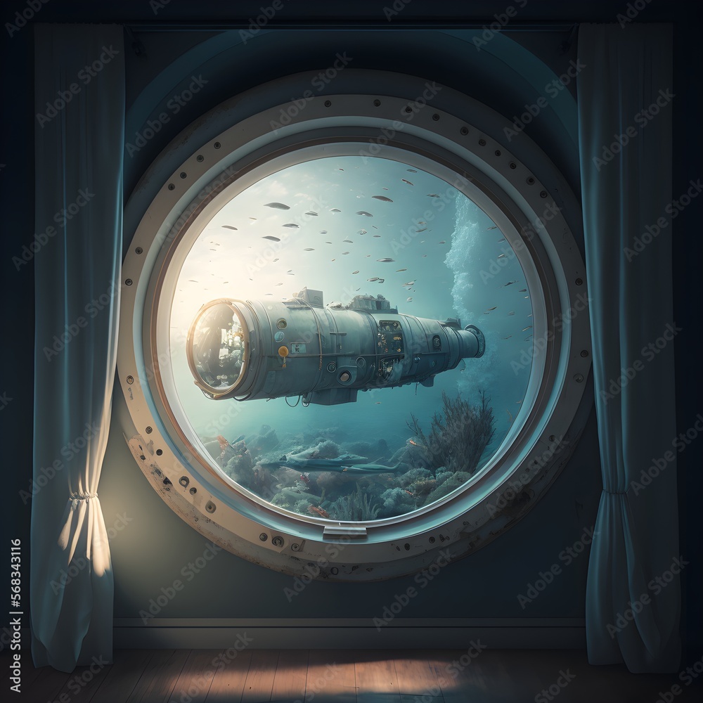 big window of a submarine photorealistic 4k film 90 degree angle ...