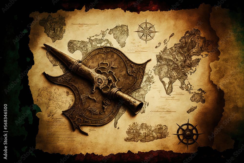 Map from the distant past, pirate pistols, and a ship's helm. History ...