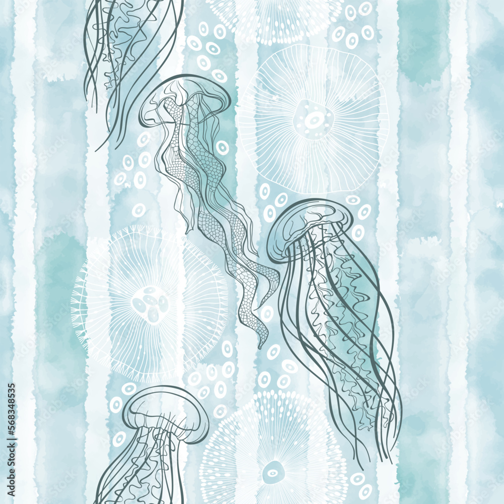 Underwater world. Seamless pattern on a marine theme with jellyfish on ...