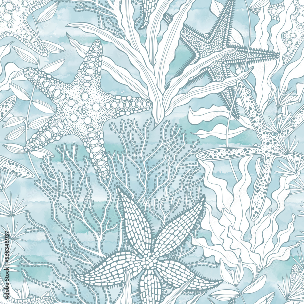 Abstract seamless pattern on the marine theme with underwater plants ...
