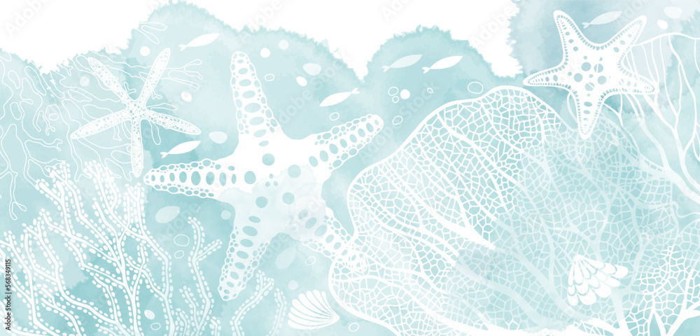 Art sea vector background. Luxury design with starfish, underwater ...