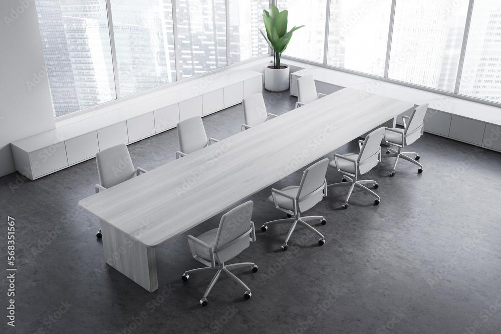 Top view of modern meeting room interior with board and panoramic ...