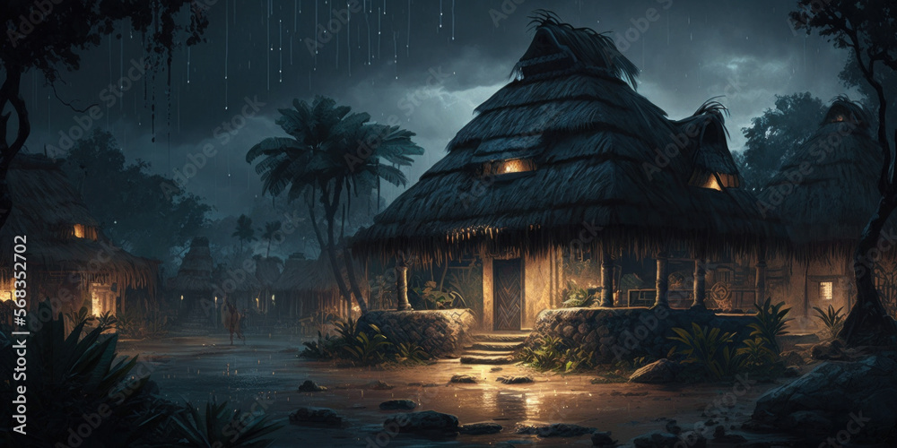 An Aztec city at night featuring an ancient traditional home. Ancient ...