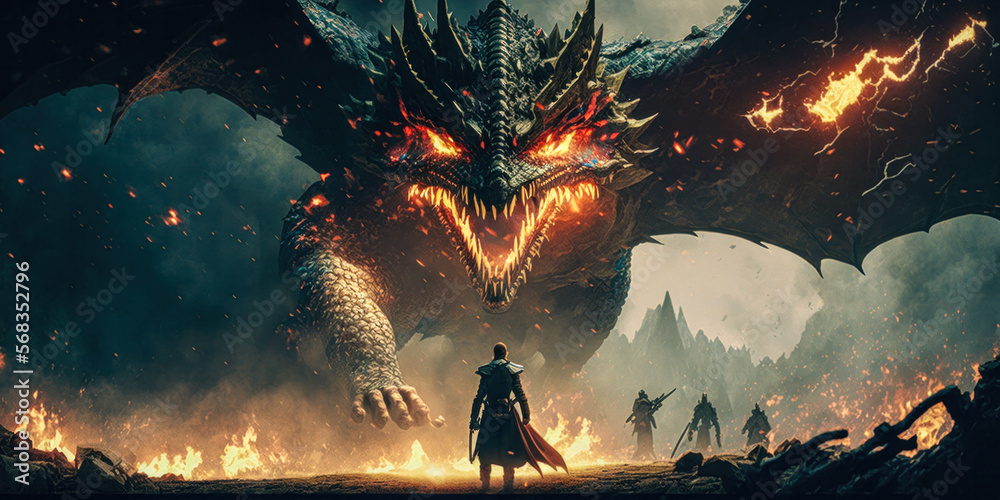 A dragon slayer fighting a gigantic mythical beast in a fantasy ...
