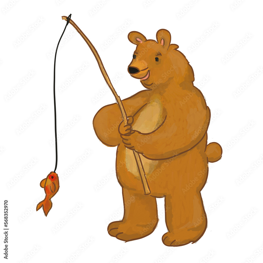 Bear fishing in cartoon illustration, cute and smiling for children ...