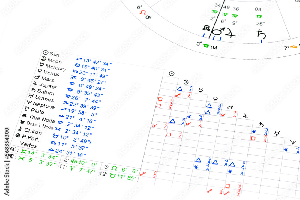 Printed astrology birth chart, table of aspects and white flowers ...