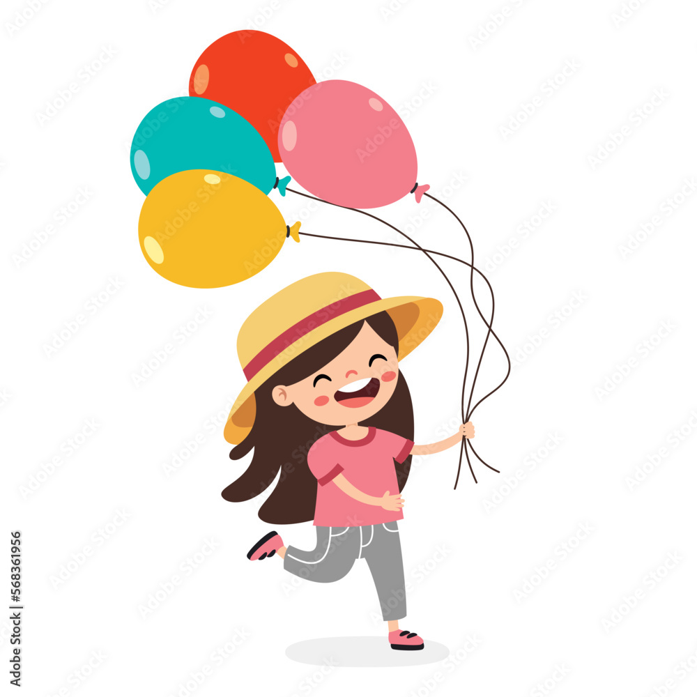 Cartoon Kid Playing With Balloons Stock Vector | Adobe Stock