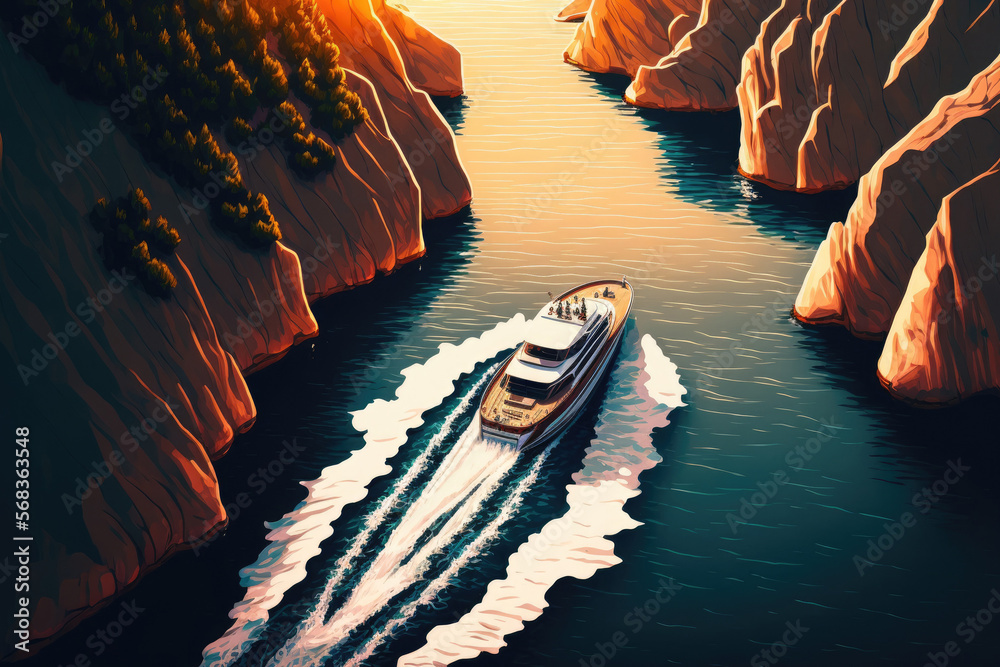 Beautiful speed boat on the water at sunset in the summer, as seen from ...
