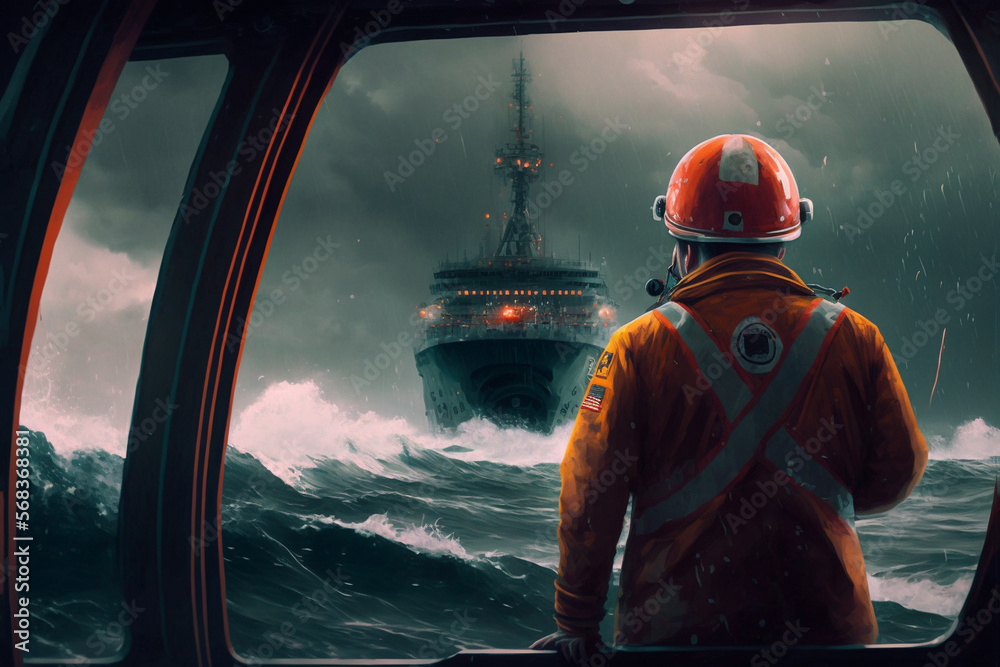 a lifeguard on a rescue ship in the ocean, created by a neural network ...