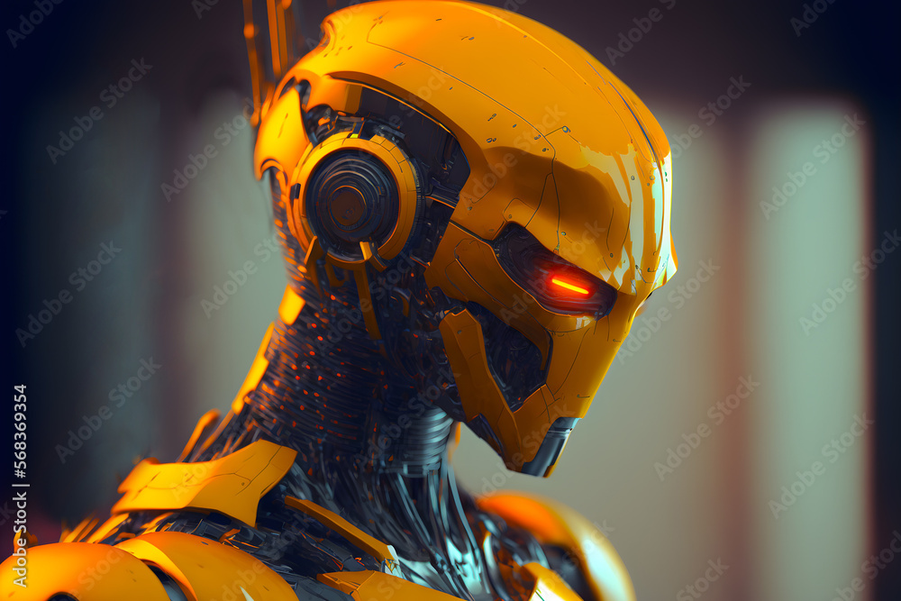 Head and shoulders of a steely yellow futuristic cyborg with glowing ...