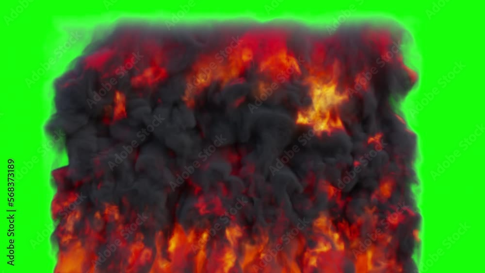 a wall of flame and smoke. thick fire wall on green background. 3d loop ...