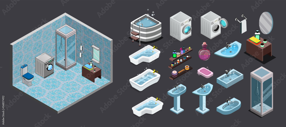 A set of isometric items for the bathroom. Vector interior, cartoon ...