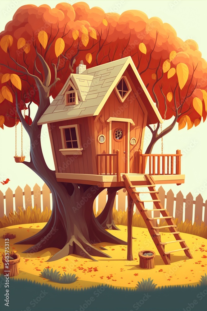cartoon illustration, an autumn landscape with a tree house and grass ...