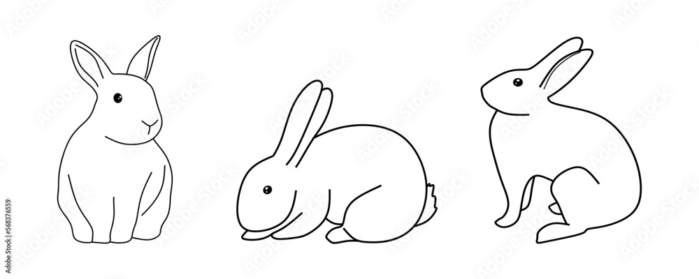 Hand drawn rabbits vector set. Rabbit sketch collection. Hare linear ...
