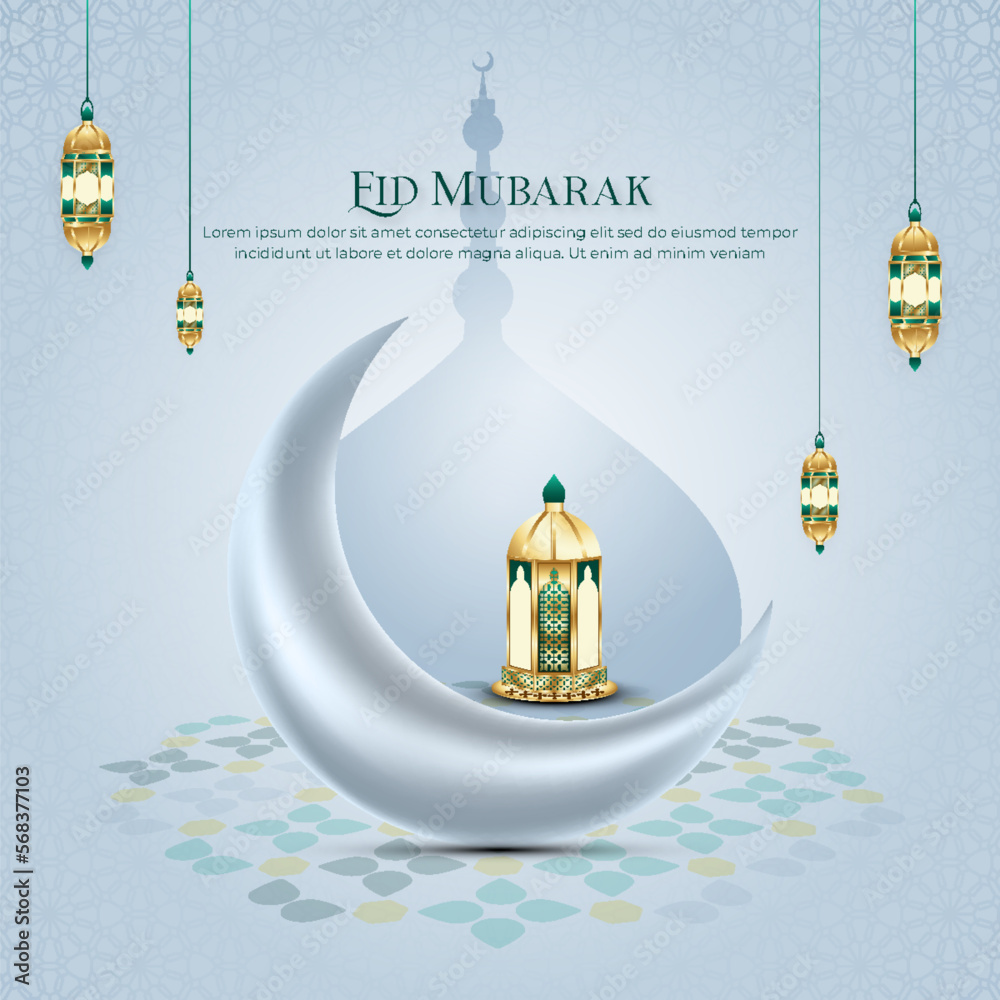 Islamic greetings Eid Mubarak card design with beautiful crescent moon ...