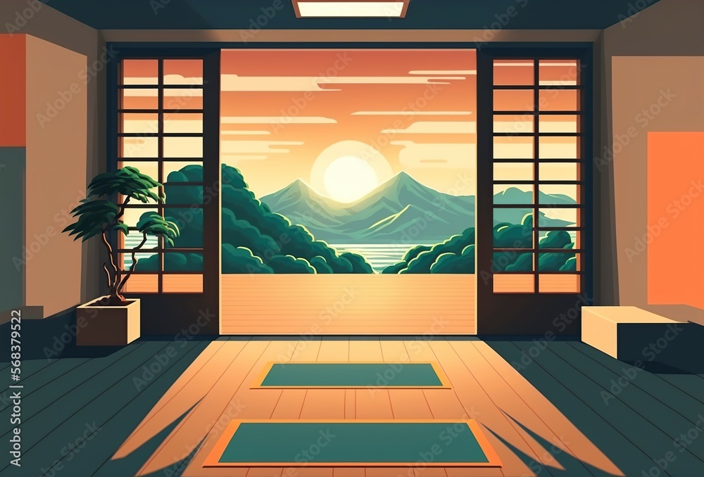 illustration cartoon dojo of karate training and meditation japanese ...