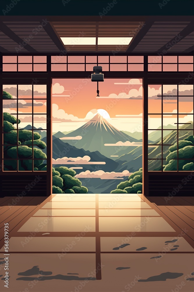 illustration cartoon dojo of karate training and meditation japanese ...