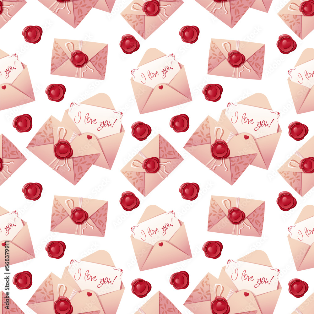 Seamless pattern with a letter in an envelope with a wax seal. Love ...