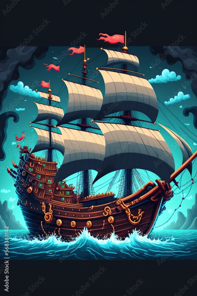 cartoon illustration, pirate ship with black flag and sails, ai ...