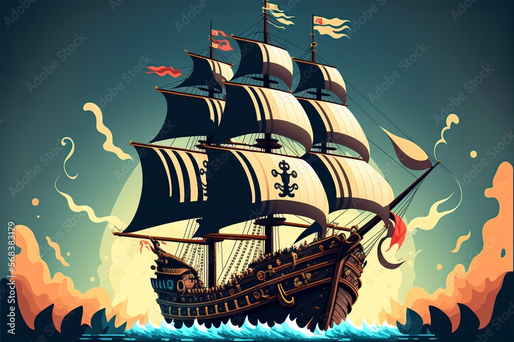 cartoon illustration, pirate ship with black flag and sails, ai ...