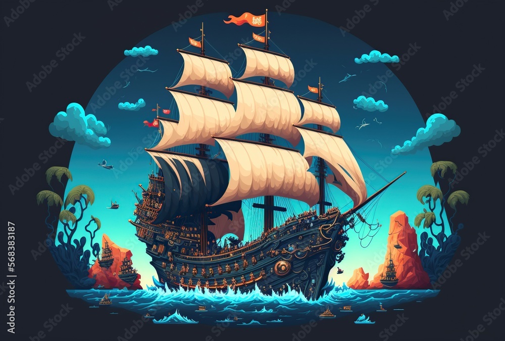cartoon illustration, pirate ship with black flag and sails, ai ...