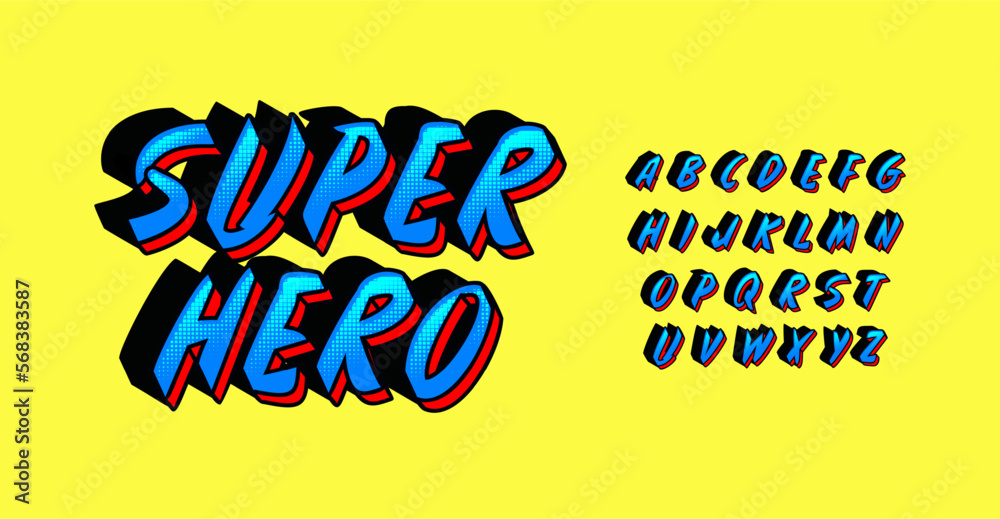 Comic book alphabet, superhero dynamic letters, onomatopoeia font for ...