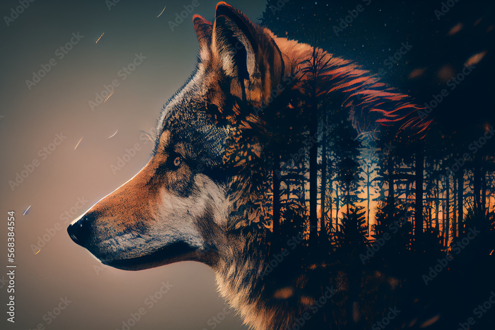 Doppelbelichtung von einer Wolf und seinen lebensraum den Wald isoliert ...