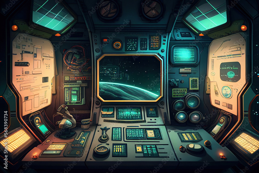 Cyberpunk image style, control room in a futuristic space ship ...