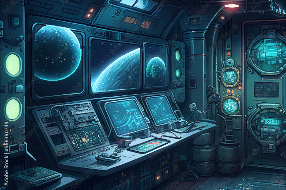 Cyberpunk image style, control room in a futuristic space ship ...