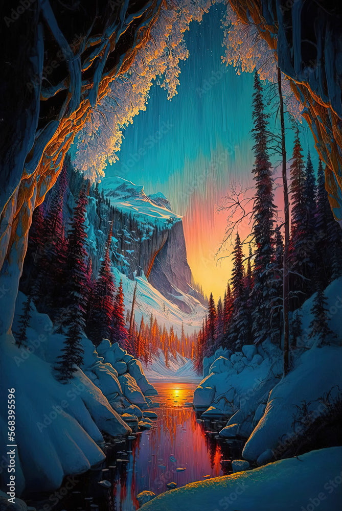 Astral aurora boreal forest at night,spectacular bright detailed ...