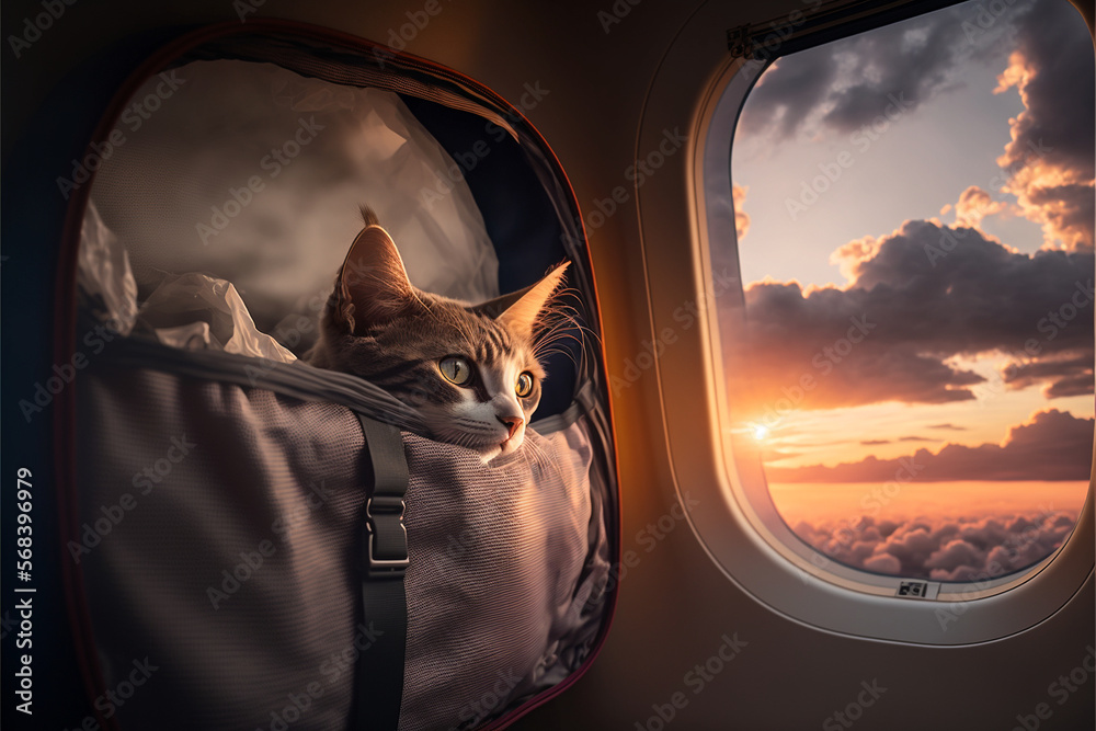 A frightened cat in a carrying bag flies on board an airplane and looks ...