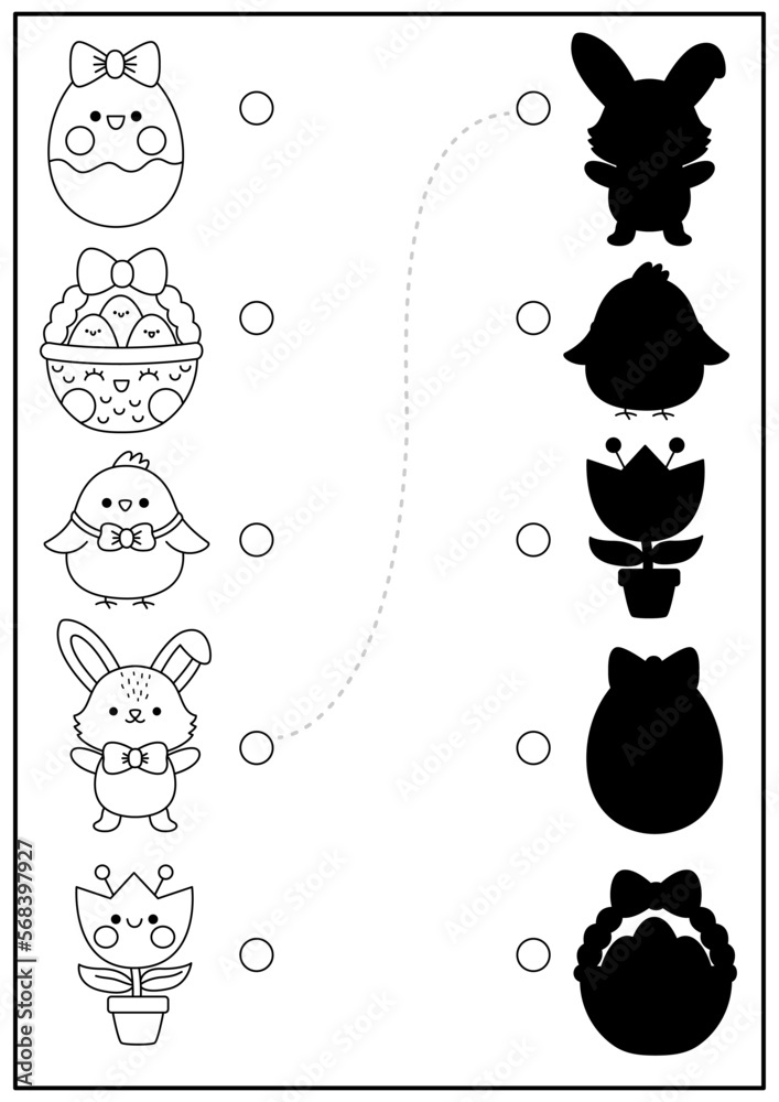 Easter black and white shadow matching activity with cute kawaii ...