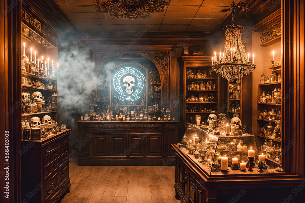 indoor view of magical voodoo shop with wooden cabinets full of glass ...