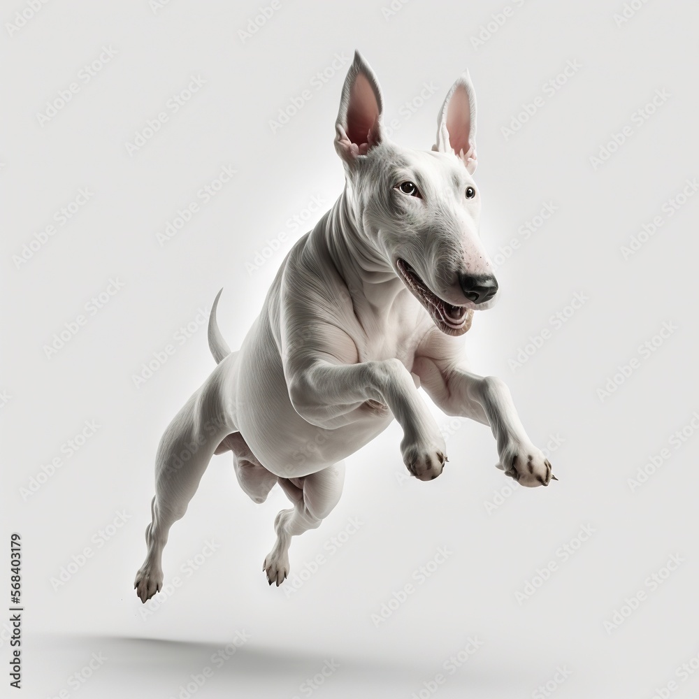 a white dog jumping in the air with his front paws out and his head ...
