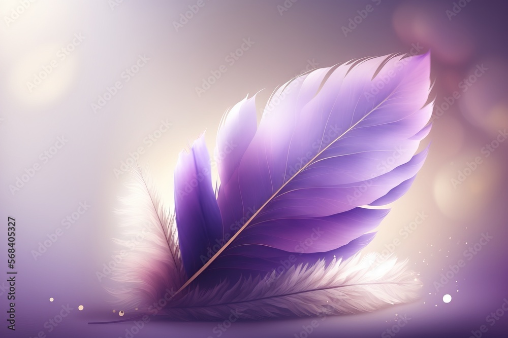 a purple feather resting on a purple surface with a blurry light in the ...