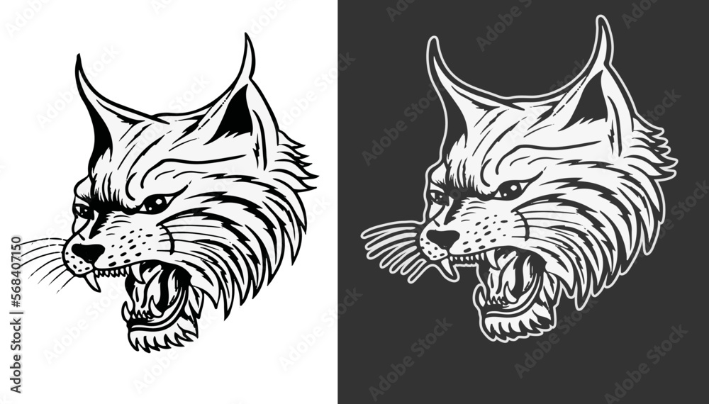 angry bobcat in black and white illustration Stock Vector | Adobe Stock