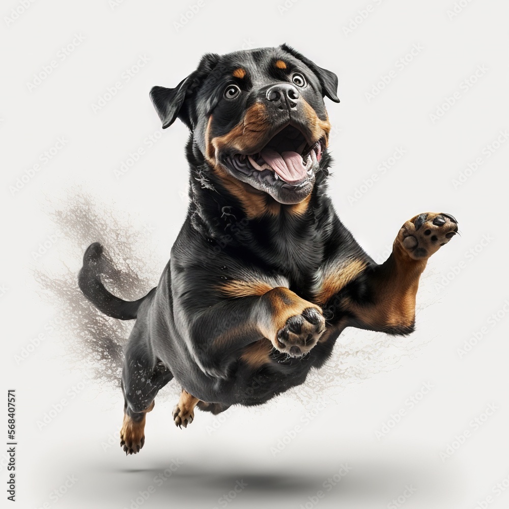 a black and brown dog jumping in the air with his paws out and his ...