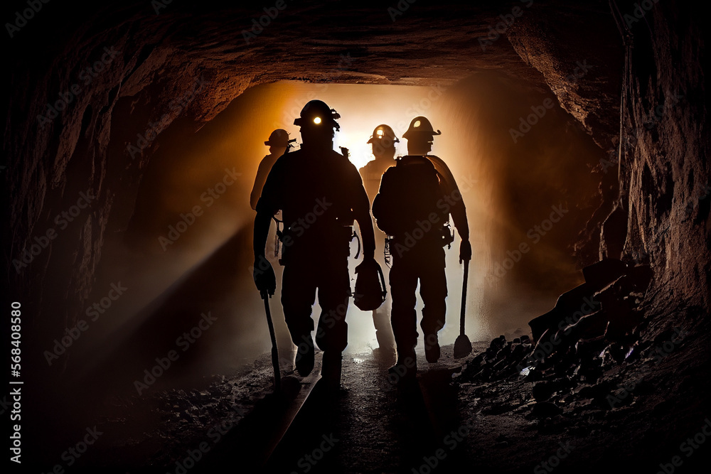 Silhouettes of miners in a helmet with lanterns in a dark cave ...