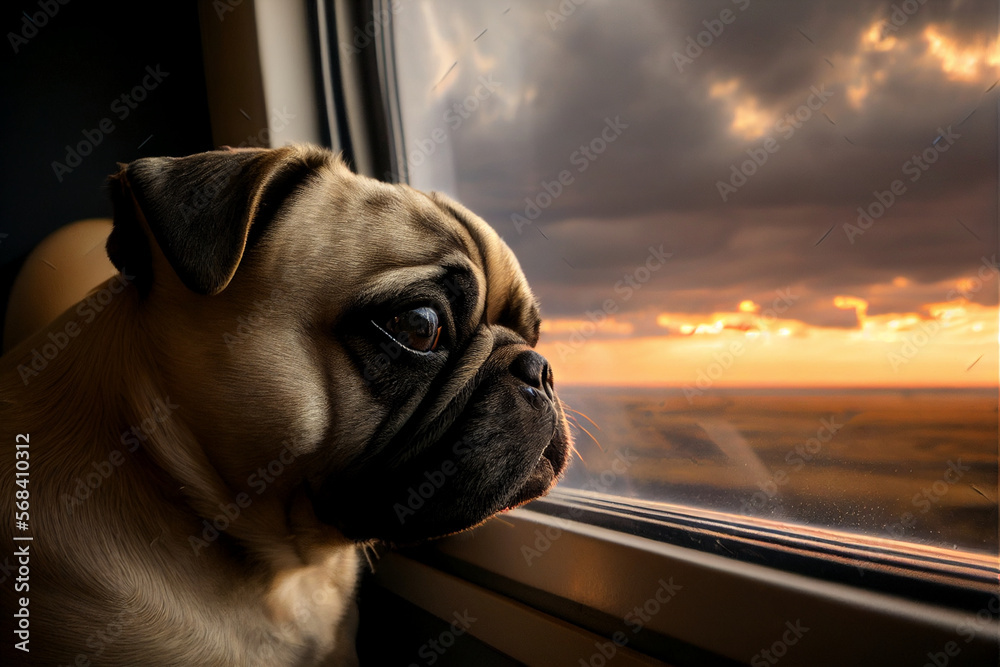 Pug dog sits on a seat on board an airplane and looks out the window ...
