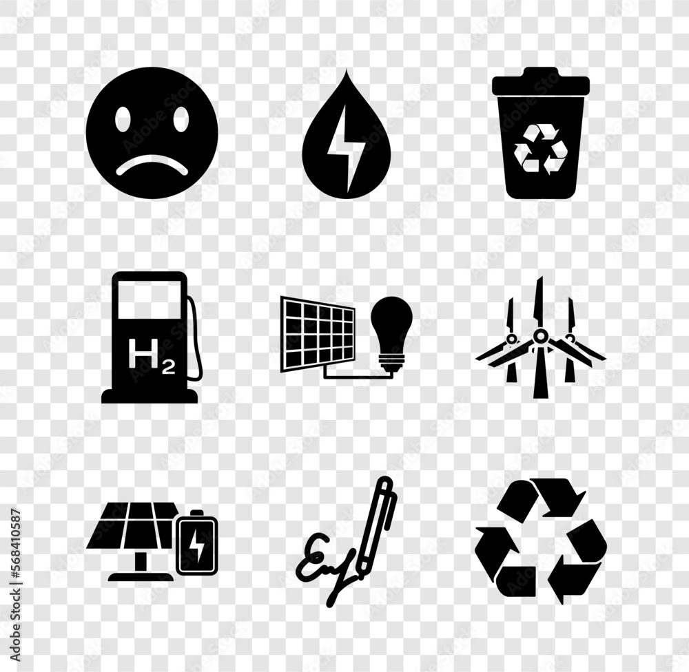 Set Sad smile, Water energy, Recycle bin with recycle, Solar panel and ...