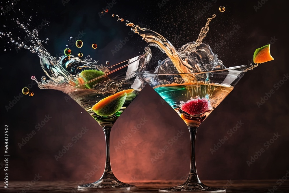 two martini glasses filled with a colorful cocktail, each garnished ...