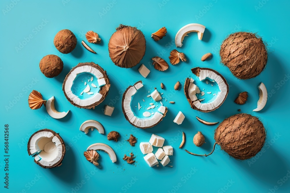 a blue background with coconuts, nuts, and other things on it ...