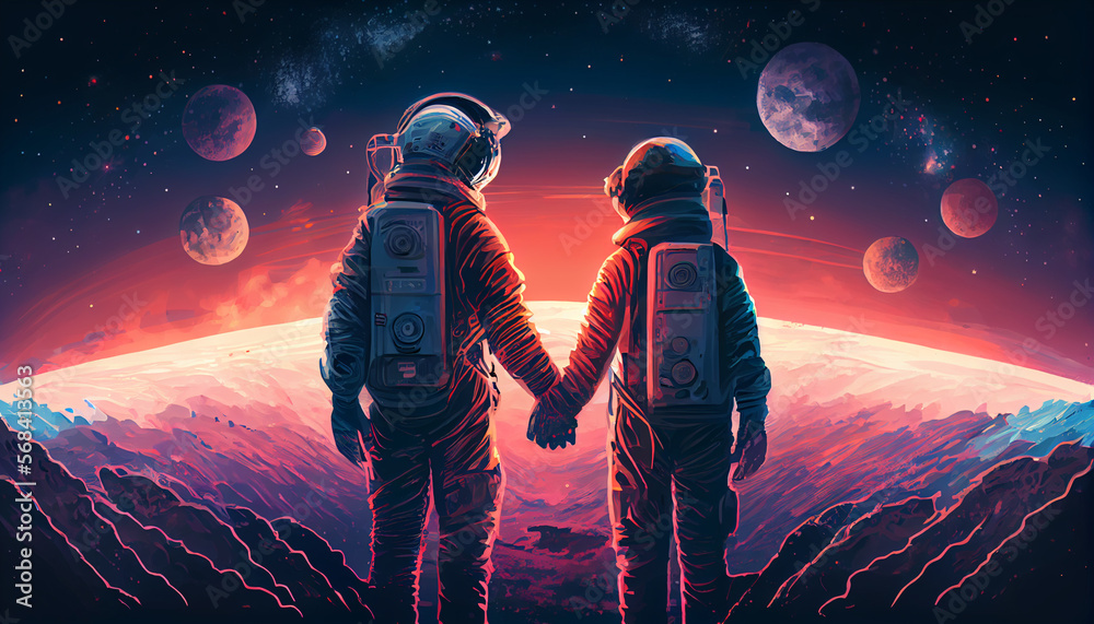 Astronaut couple holding hands in space digital art illustration Stock Illustration | Adobe Stock