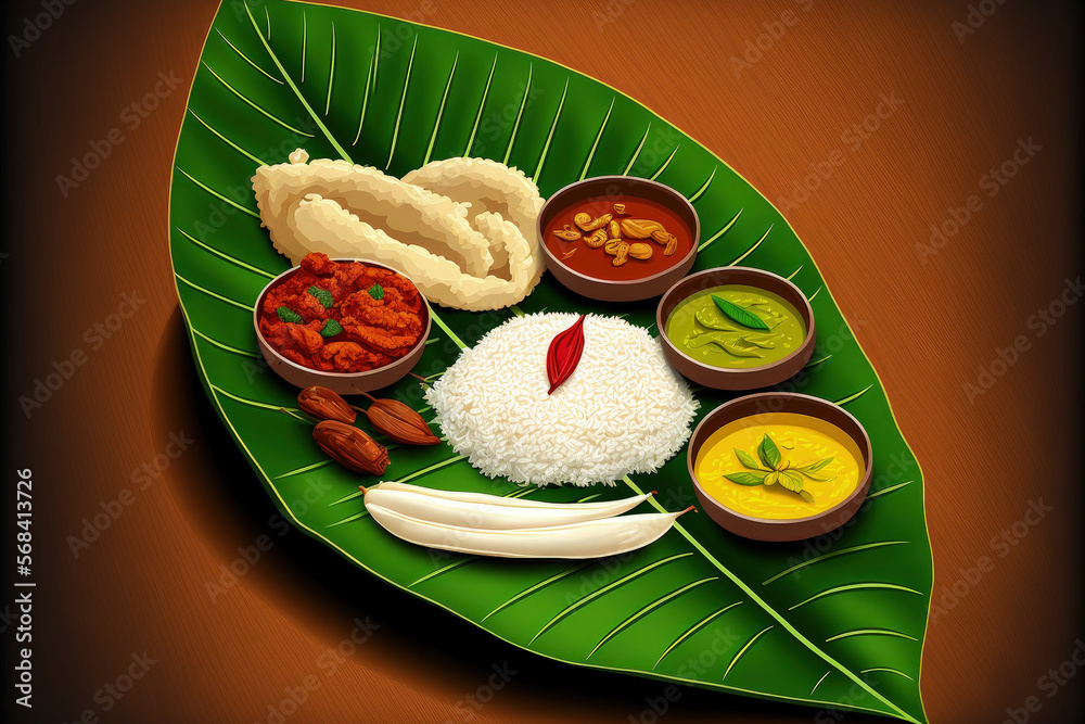 Traditional food Onam Sadya served on a banana leaf on Festival day ...