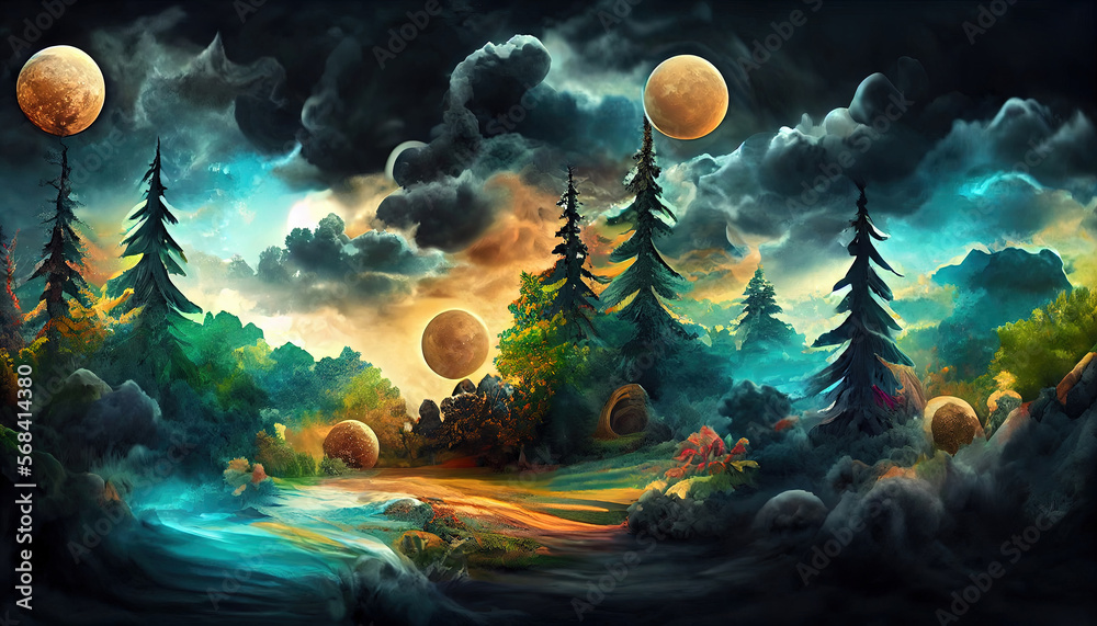 Fantasy magical enchanted fabulous fairy tale landscape with forest lake blooming pink rose ...