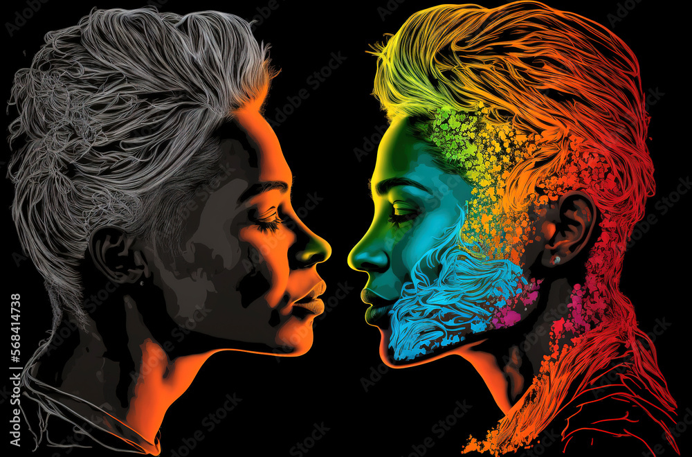 Generative AI illustration of lesbian couple with rainbow colors Stock ...