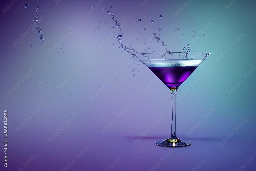 martini cocktail splash in blue and purple smoky background ...