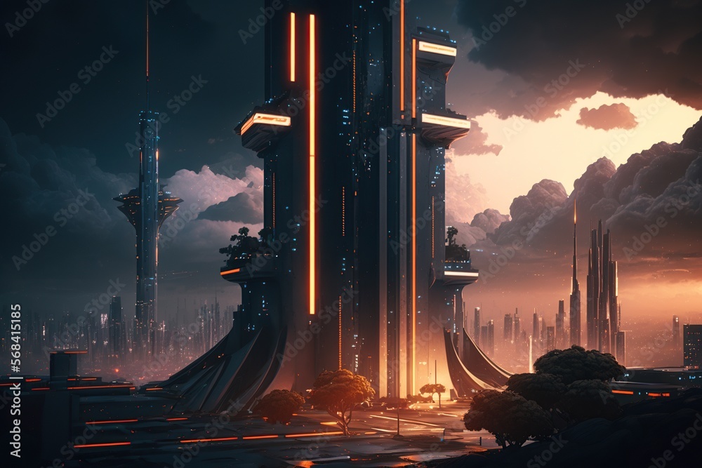 Ai generated incredible world, future city surreal buildings at night ...